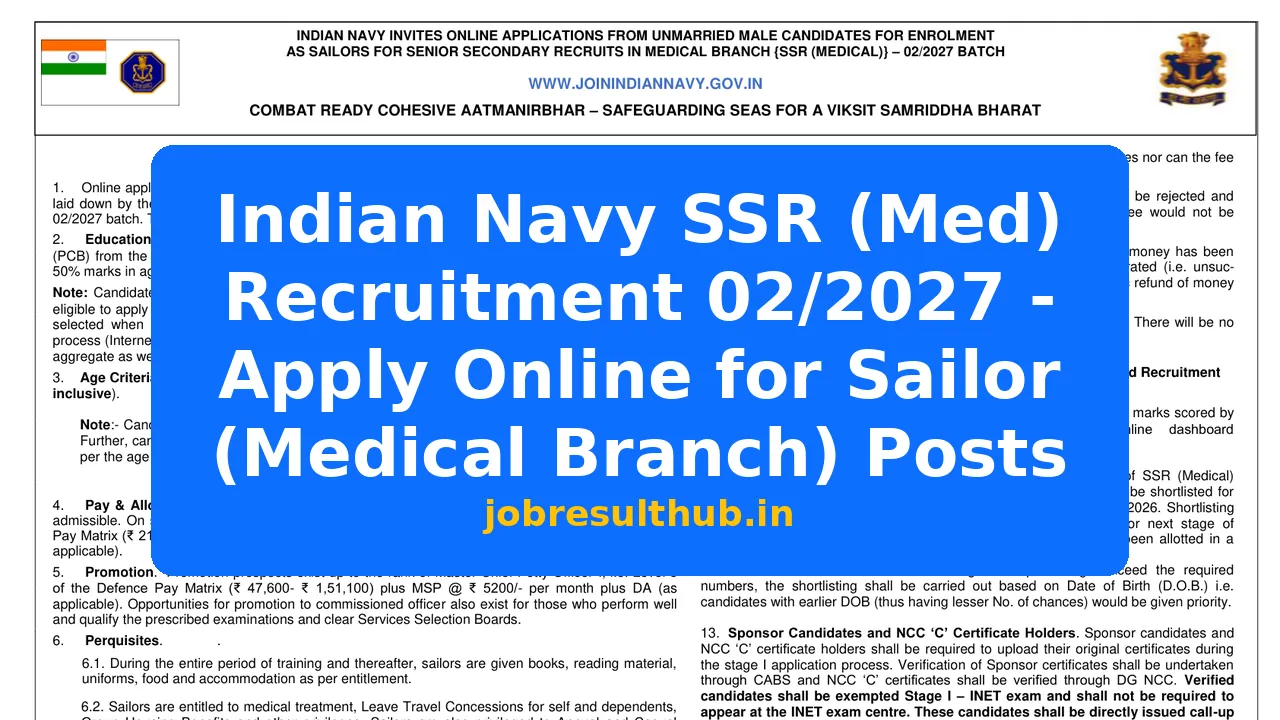 Indian Navy SSR (Med) Recruitment 02/2027 - Apply Online for Sailor ...