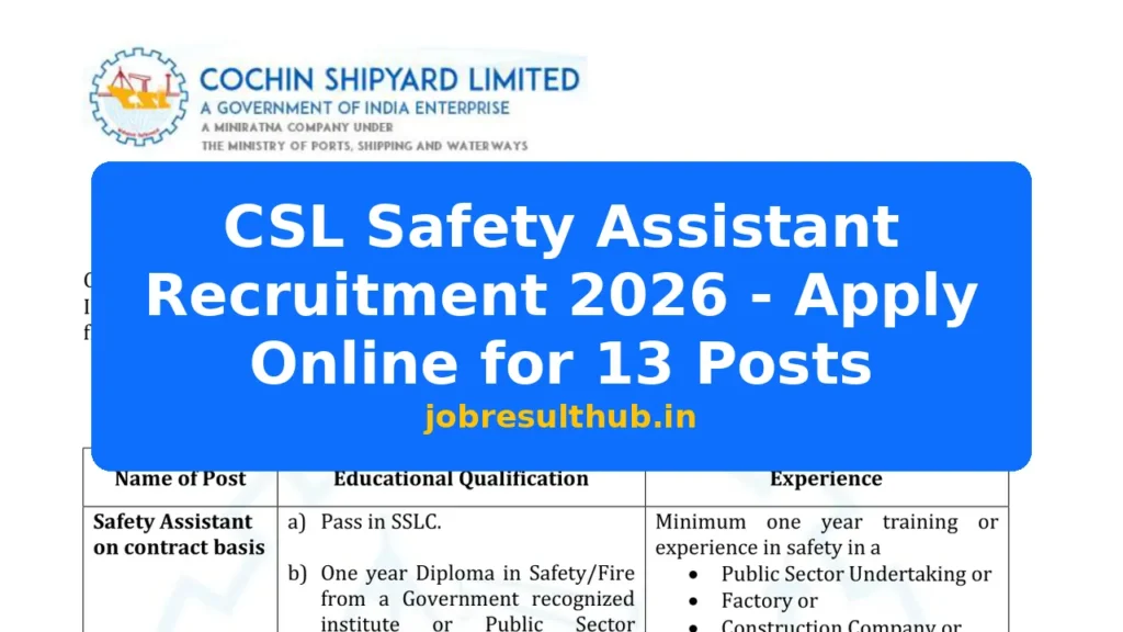 CSL Safety Assistant Recruitment 2026 - Apply for 13 Posts